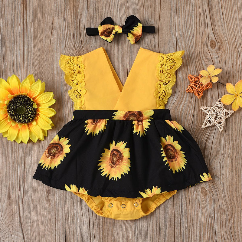 2PCS Lovely Sunflower Printed Sleeveless Baby Girl Yellow Romper